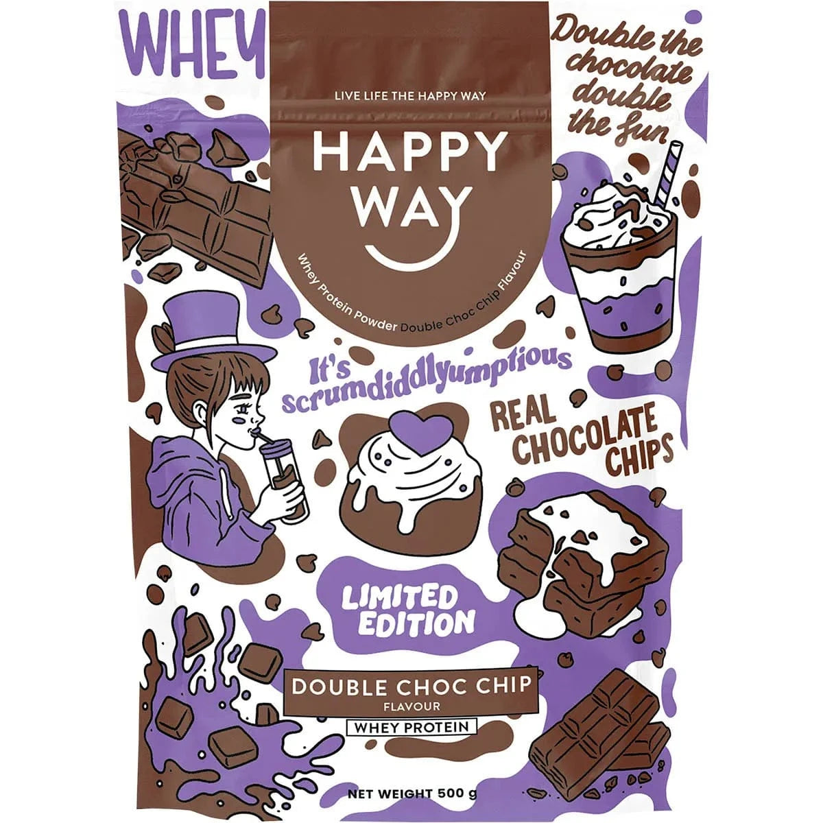 Happy Way Whey Protein Powder Double Choc Chip 500g — Artisanal Australia